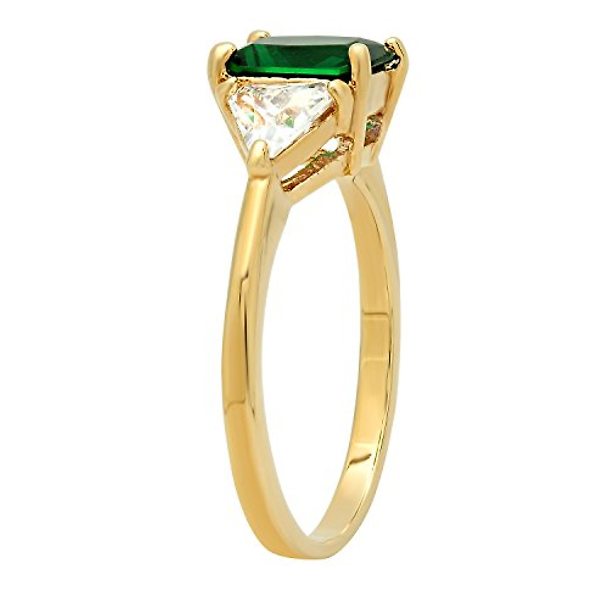 The Bling Factory Gold Plated Emerald-Cut Forest Green CZ Three-Stone Ring, Size 7