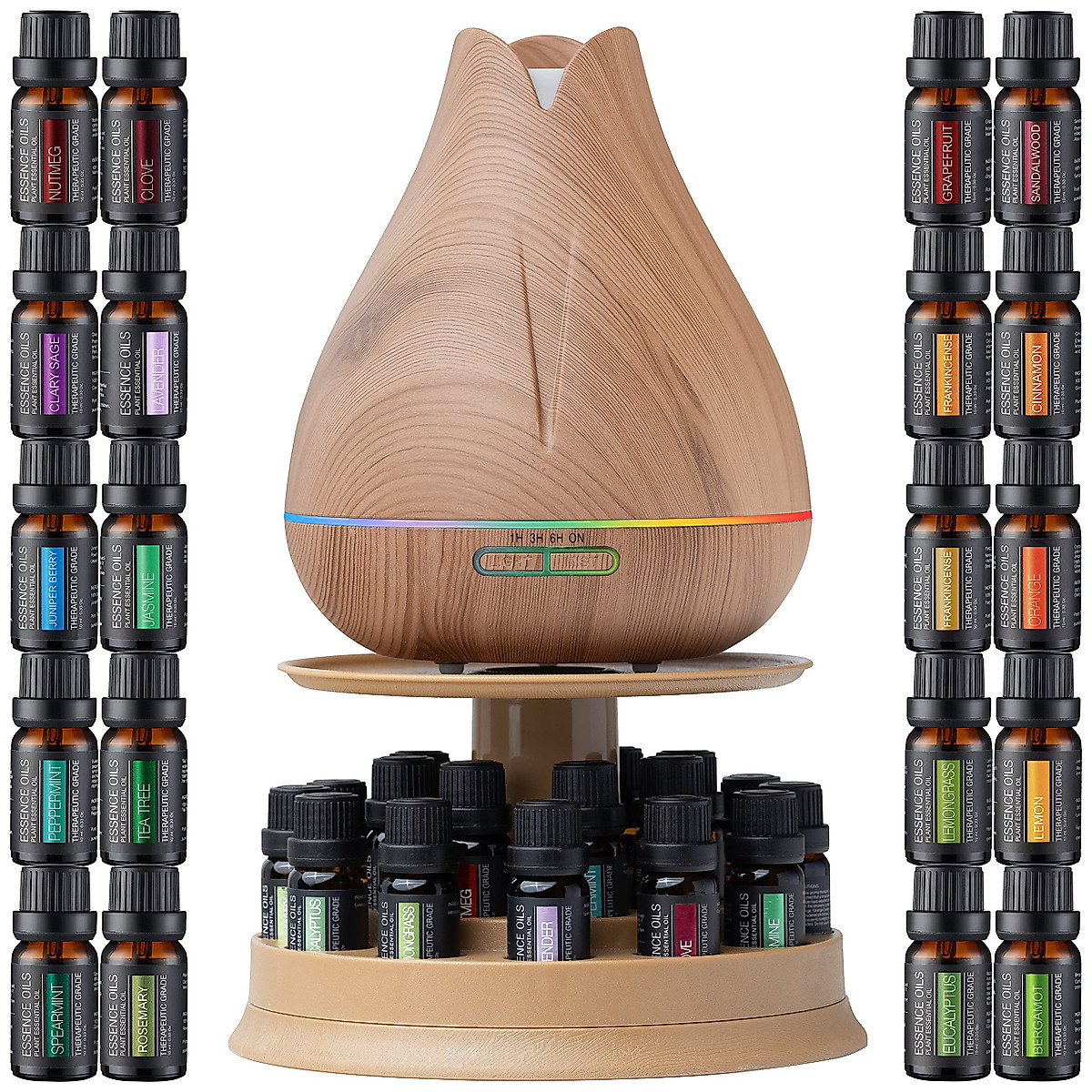 Aromatherapy Essential Oil Diffuser Gift Set with 20 Oils and Rotating Display Stand - 400ml Ultrasonic Diffuser with 20 Essential Plant Oils - 4 Timer & 7 Ambient Light Settings