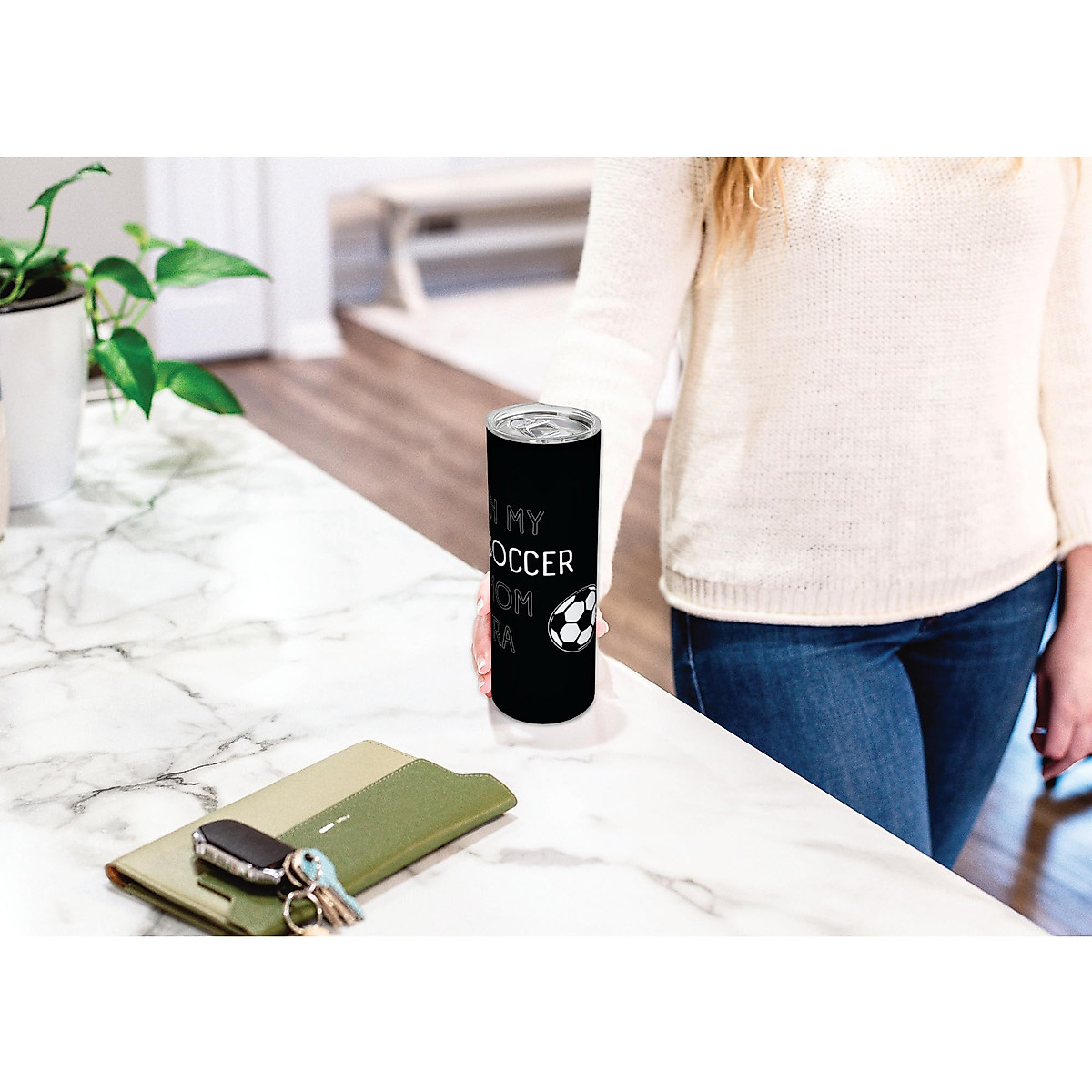 Elanze Designs In My Soccer Mom Era Ball Sport Wrap-Around Design 20 Ounce Stainless Steel On-The-Go Coffee Travel Insulated Skinny Tumbler Mug Cup, Slide Top Lid, MRC-20OZ-SH247