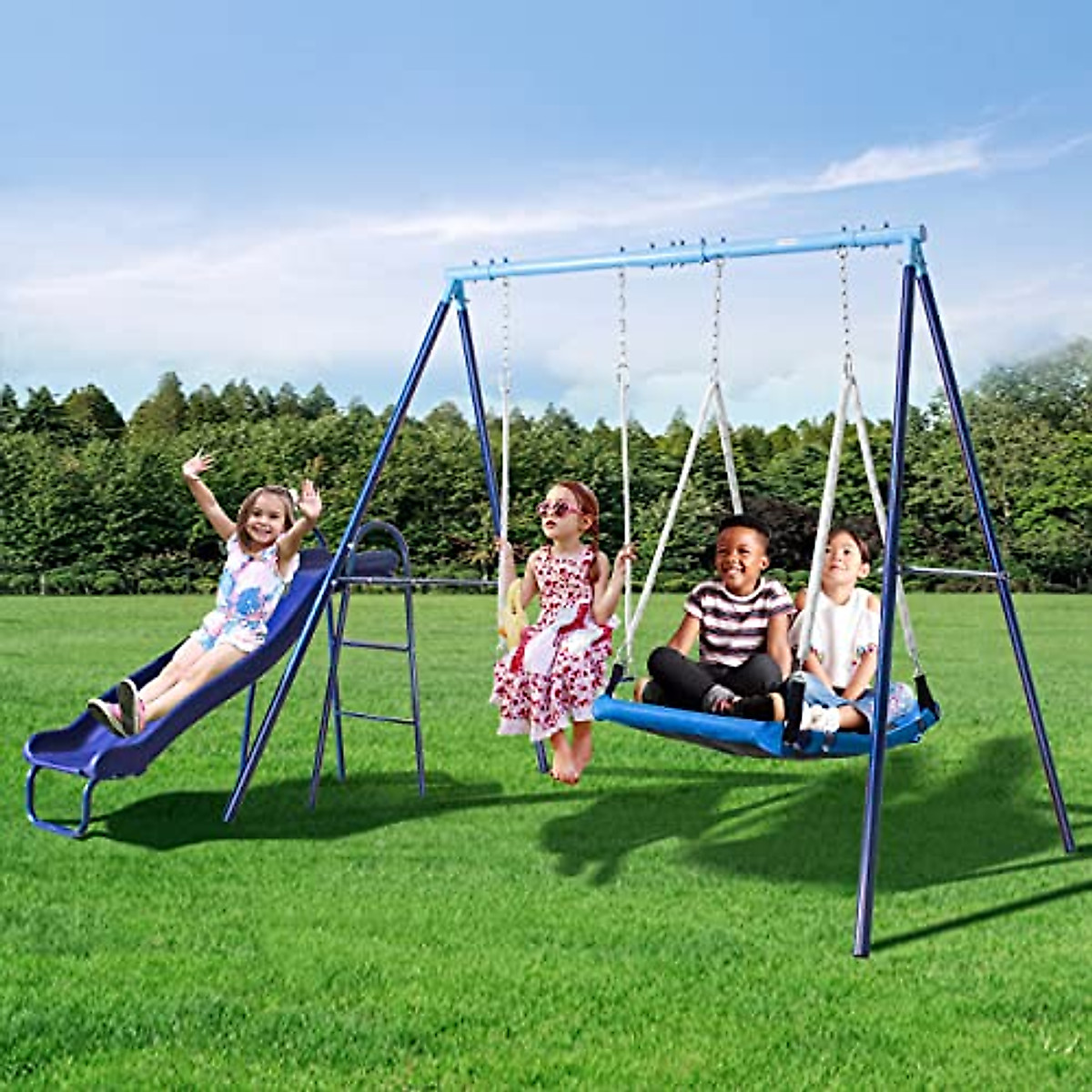 500lbs Swing Sets for Backyard with Slide, Platform Swing 43 inch, Belt Swing, Heavy Duty Metal Swing Stand for Playground and Backyard