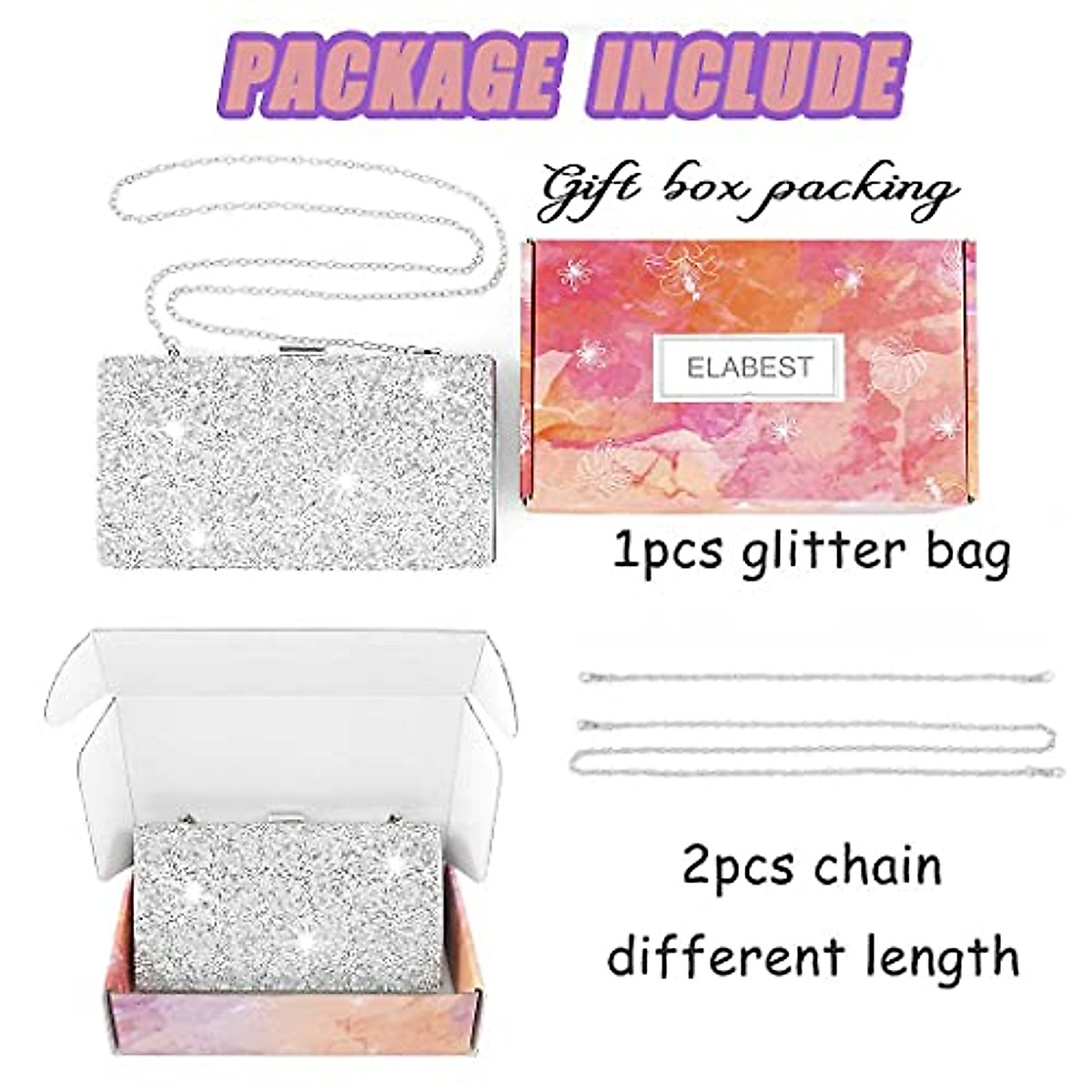 ELABEST Glitter Evening Clutch Bag Rhinestone Handbag Crossbody Purse Wedding Party Bag for Women and Girls (Double-sided silver crystal)