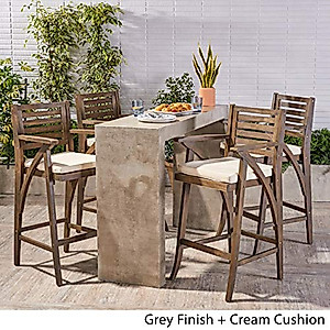 Hermosa Outdoor Acacia Wood Barstool (Set of 4), Grey with Cream Cushion