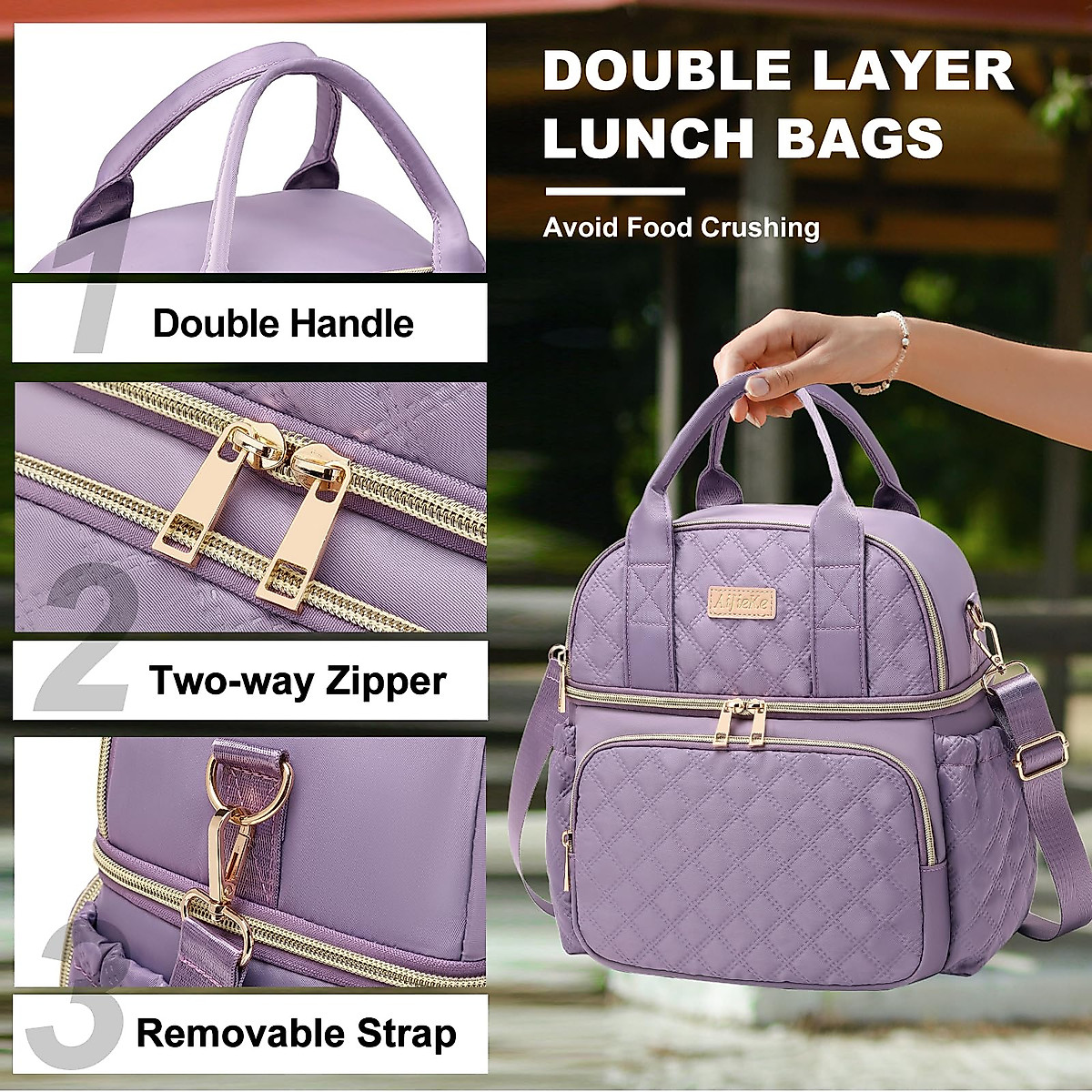 AIJIEKE Lunch Bag for Women, Work Lunch Box Insulated Lunch Bag, Double Deck Lunch Bag, Large Leakproof Lunch Tote Cooler Bag with Side Pockets & Adjustable Strap for Picnic, Light Purple