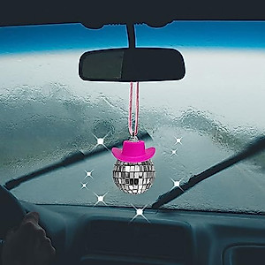 SPANSEE Pink Disco Ball Car Accessory,Disco Mirror Ornament,Disco Cowboy Hat Accessory,Car Ball,Disco Charm,Disco for Car,Cute Accessories