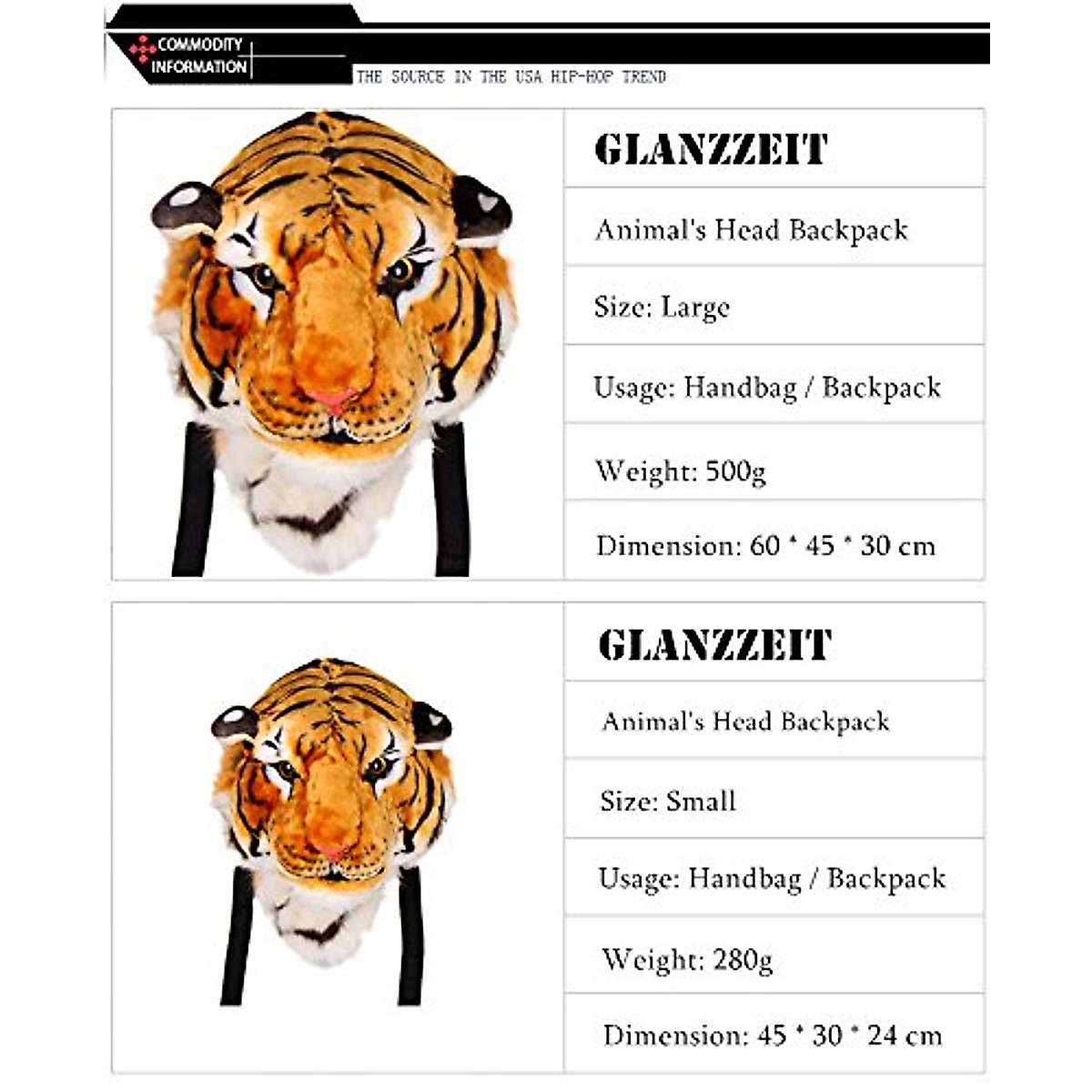 Glanzzeit 3D Animal Head Backpack Cool Design Panda Tiger Lion Panther Knapsack (Large, Lion)