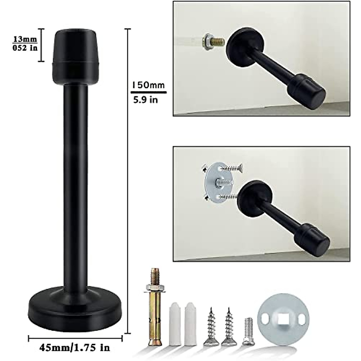 Door Stopper, 6 Inch Door Stop Extra Long, Brushed Stainless, Wall Mount Modern Heavy Duty Rigid Door Holder Protector Metal Black Long Doorstop with Soft Rubber Bumper