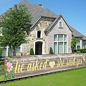He Asked She Said Yes Backdrop Banner Decorations, Large Wedding Engagement Party Sign Supplies, Bridal Shower Photo Booth Props Décor (9.8x1.6ft)
