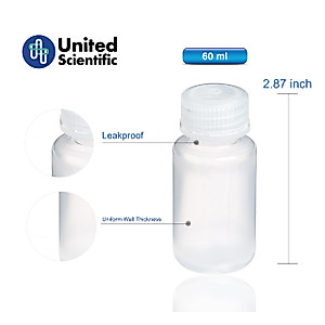 United Scientific™ 33306 | Laboratory Grade Polypropylene Wide Mouth Reagent Bottle | Designed for Laboratories, Classrooms, Travel, or Storage at Home | 60mL (2oz) Capacity | Pack of 12