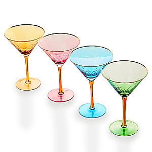Crystal Martini Glasses Colored - Set of 4 - Stemmed Multi-Color Glass, Great for all Drink Types and Occasions - Luxury, Durable, Hand-Blown Vintage Art Deco Coupe for Champagne, Martini, Cocktails