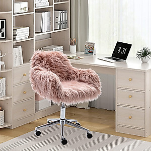 HomVent Fluffy Desk Chair Pink Faux Fur Vanity Chair Adjustable Swivel Computer Chair on Wheels Height Adjustable Cute Desk Chair for Makeup Room Teen Girls Bedroom Home Office (Pink)