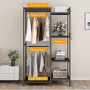 Isyunen Garment Rack, Heavy Duty Clothes Rack with Double Rods and 6 Storage Shelves and 1 Pairs Side Hooks for Hanging Clothes,Adjustable Metal Freestanding Closet Wardrobe Rack,Black (Black)