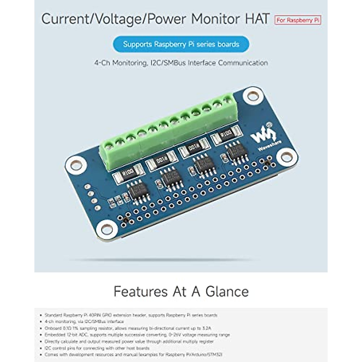 waveshare 4-ch Current/Voltage/Power Monitor HAT for Raspberry Pi with I2C/SMBus Interface