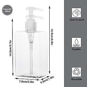 Suream Refillable Shampoo and Conditioner Bottles, 9.5oz/280ml Clear Plastic Pump Dispensers for Shower, Square Empty Bathroom Bottle for Body Wash, Essential Oil, Soap Liquid, Lotion, 3Pack
