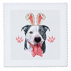 3dRose Adorable Staffordshire Terrier Easter Dog Smiling in Bunny Ears - Quilt Squares (qs-378979-2)