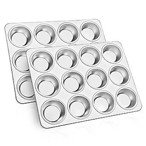 TeamFar 12-Cup Muffin Pan, Stainless Steel Cupcake Pans Muffin Tin Set for Oven Baking Mini Brownies Quiches Tarts, Non Toxic & Regular Size, Dishwasher Safe – Set of 2