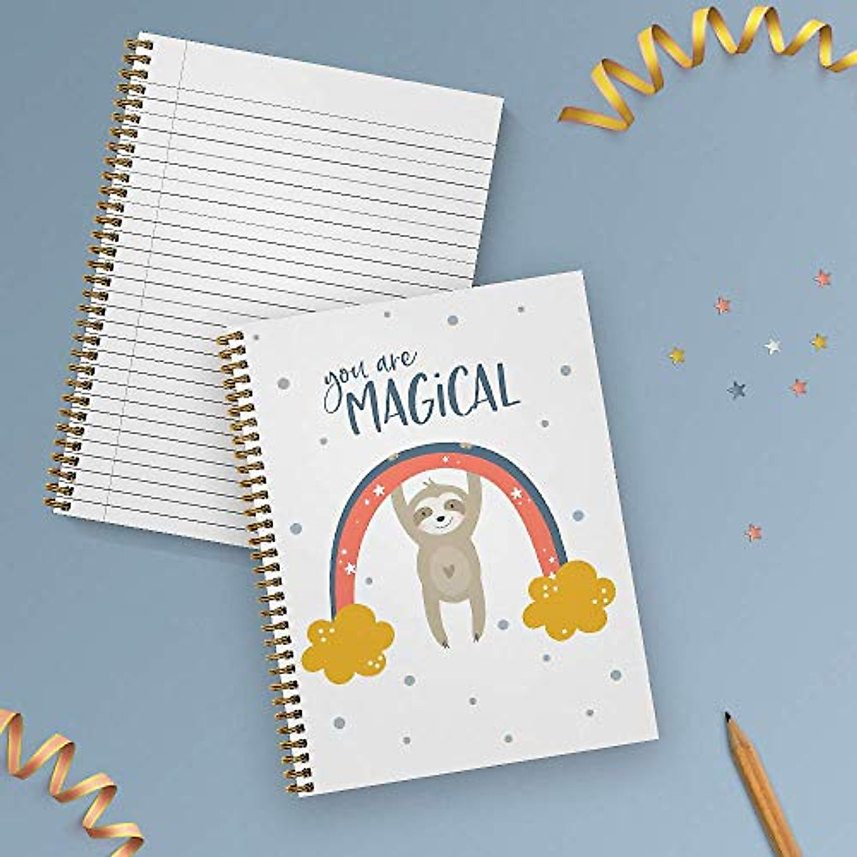 Softcover Magical 8.5" x 11" Motivational Sloth Spiral Notebook/Journal, 120 Wide Ruled Pages, Durable Gloss Laminated Cover, Gold Wire-o Spiral. Made in the USA