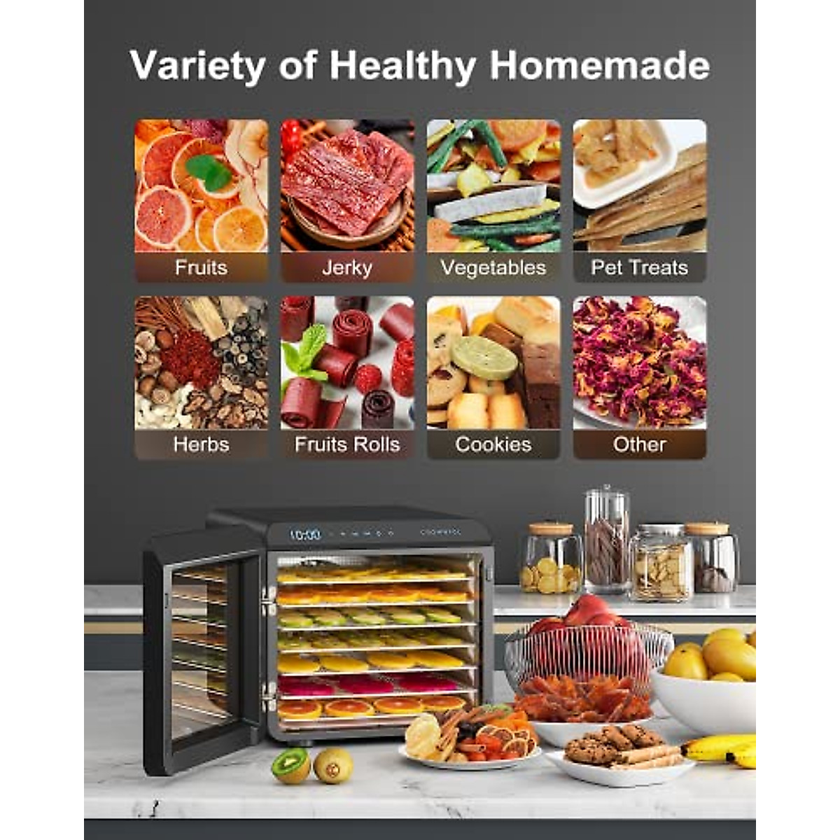 CROWNFUL Food Dehydrator Machine, 7 Stainless Steel Trays, Dryer for Jerky, Vegetable, Fruit, Meat, Dog Treats, Herbs, and Yogurt, Equipped Safety Over-Heat Protection, Digital Timer and Temperature Control, ETL Listed, 30+ Free Online Recipes, Black