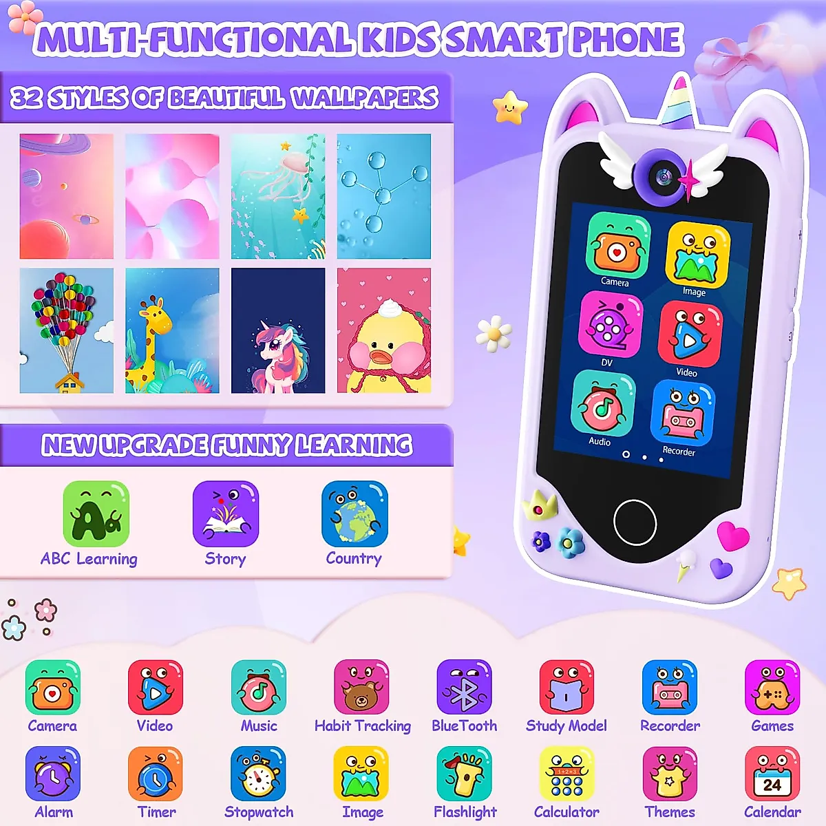 Kids Smart Phone for Girls Gifts - Toddler Christmas Birthday Gift for Age 3 4 5 6 Year Old, Kids Cell Phone Toy with Touchscreen, Dual Cameras, Learning, Music Player, Games with 32 GB Card