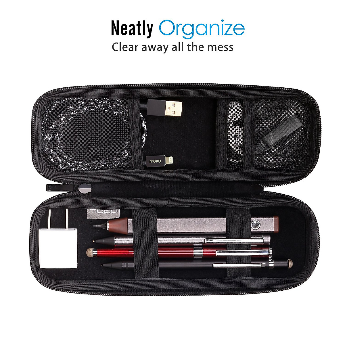 MoKo Pencil Holder Case for Apple Pencil 2nd/1st, PU Leather Case Fit for Apple Pen Accessories, Samsung, Huawei, USB Cable, Earphone Easy Carrying Case Bag,Black