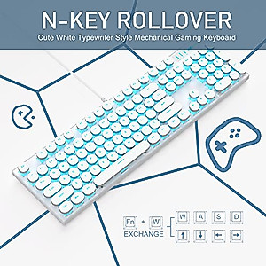 Camiysn Typewriter Style Mechanical Gaming Keyboard, White Retro Punk Gaming Keyboard with Blue Backlit, 104 Keys Blue Switch Wired Cute Keyboard, Round Keycaps for Windows/Mac/PC