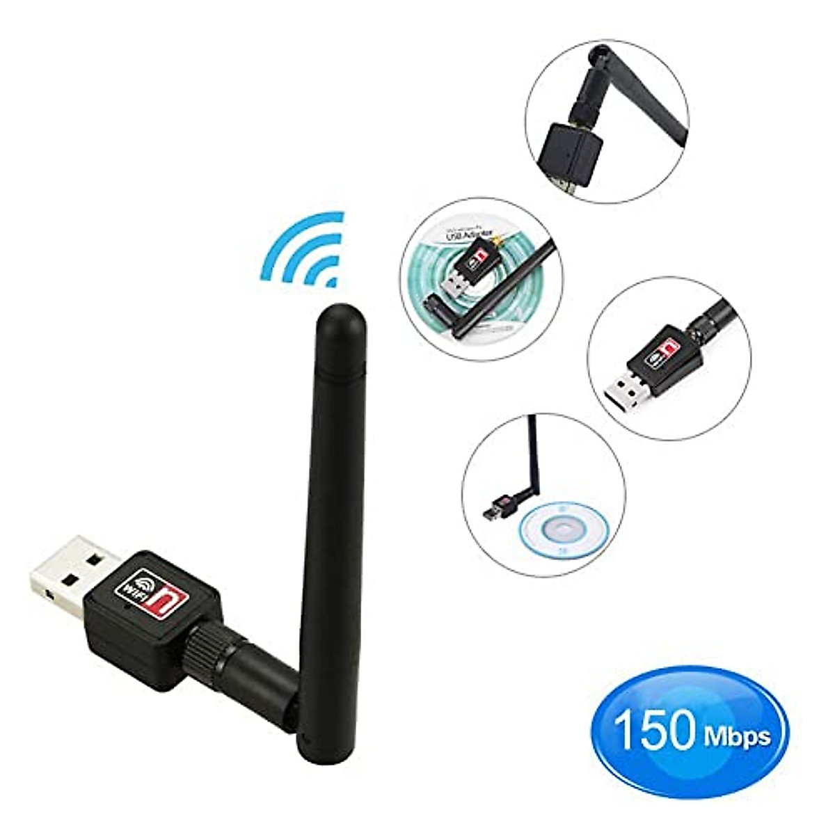 WiFi WLAN Stick Adapter 150Mbit 2dBi Wireless USB WiFi Network Adapter Dongle Antenna for Windows Vista/XP/2000/7/8/10, Linux, MAC OS