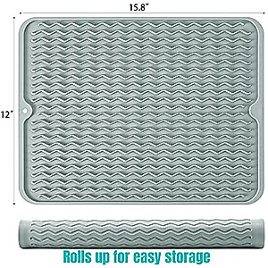 Silicone Dish Drying Mat for Kitchen Counter- Eco Friendly Food Grade Silicone Drying Mat - Easy to Clean Heat Resistant Dish Mat - Large (12" x 16") - Gray