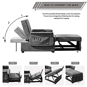 Oprisen Sleeper Chair Bed 3-in-1 Convertible Chair Bed Pull Out Sofa Bed w/Adjustable Backrest Tufted Fabric Chaise Lounge Sofa Bed Couch for Small Space w/Side Pockets (Fabric-Gray)