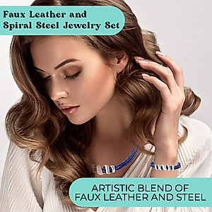 SHOP LC DELIVERING JOY Costume Jewelry Set Blue Faux Leather Choker Necklace for Women Cuff Bracelet Cord Spiral Stainless Steel Adjustable Lobster Claw Tribal 7" 16" Birthday Gifts for Women