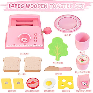 Wooden Pop-Up Toaster Playset, 14pcs Kitchen Toys with Bread Butter Knife Cheese Vegetable Tomato Milk Yogurt Fried Egg, Play Kitchen Accessories for Boys Girls Age 3-6