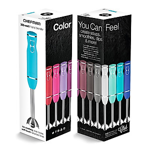 Chefman Immersion Stick Hand Blender with Stainless Steel Shaft & Blades, Powerful Ice Crushing 2-Speed Control Handheld Mixer, Purees Smoothie, Sauces & Soups, 300 Watts, Turquoise