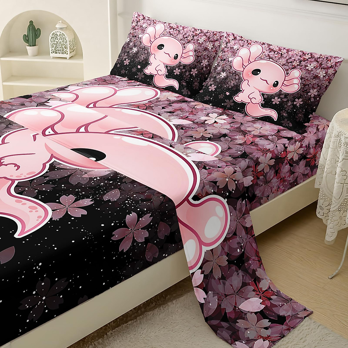 QOOMO Kawaii Axolotl Bedding for Boys and Girls Pink Cherry Blossom Super Soft Kids Bedding Set Sparkling Stars Breathable Room Decoration Twin Size 1 Fitted Sheet, 1 Flat Sheet, 2 Pillow Cases