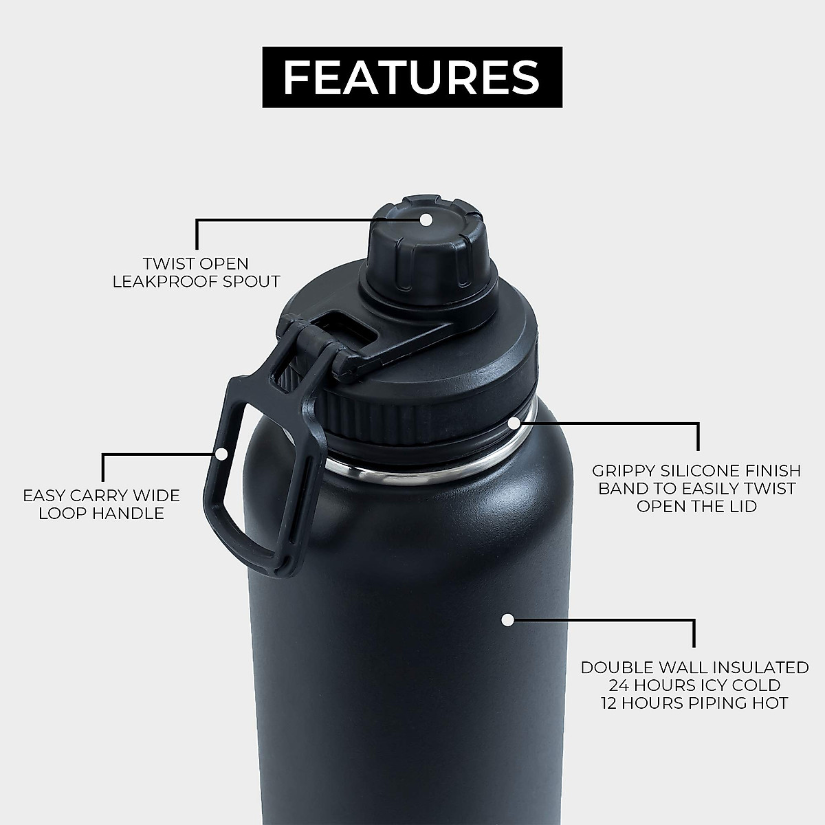 BOZ Stainless Steel Water Bottle XL (1 L / 32oz) Wide Mouth, BPA Free, Vacuum Double Wall Insulated (Matte Black)