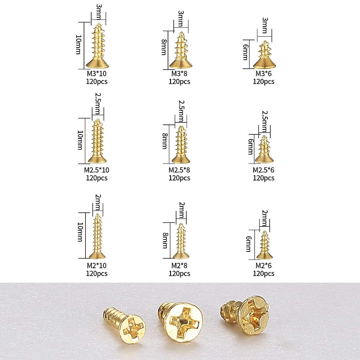 1080 Pcs Small Screws M2/M2.5/M3, Phillips Flat Head Cross Screws, Tiny Gold Self Tapping Screws, Micro Multifunctional Cabinet Electronic Accessories Screws for Woodworking (Carbon Steel Gold)