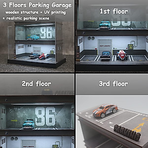 Hot Diecast Wheels Display Case - 1/64 Scale Die-cast Model Car Display Case with LED Light and Acrylic Cover, Wooden Parking Garage in 3 Floors with 10 Parking Spaces (86)