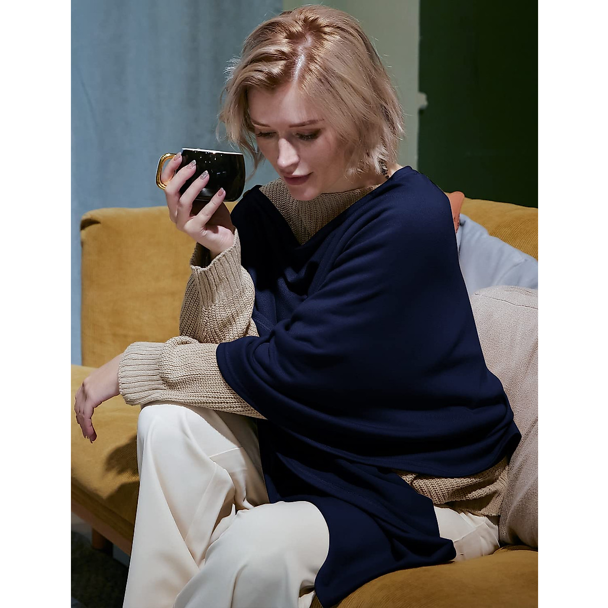 MissShorthair Women's Lightweight Knitted Scarf Poncho Sweater Cape Shawl Versatile Fall Winter Ponchos Wraps Dark Blue