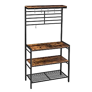 HOOBRO Bakers Rack, Microwave Stand, Kitchen Storage Shelf Rack with Hooks, Coffee Bar, 4 Shelves and Mesh Panel, Adjustable Feet, for Kitchen, Living Room, Coffee Station, Rustic Brown BF01HB01