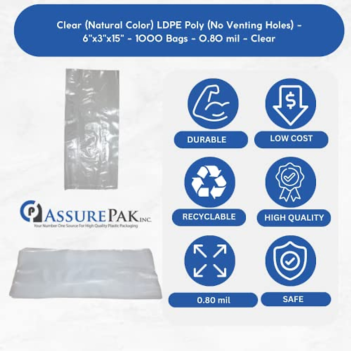 Plastic Produce Bag for Bread and Groceries - 6"x3"x15" - 1000 Bags - 0.80 mil - Natural Color - No Venting Holes LDPE