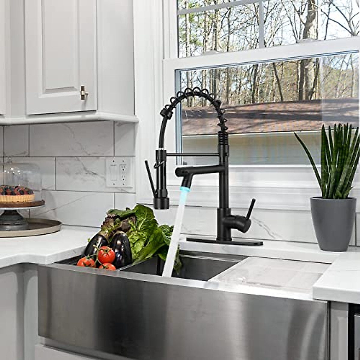 KZH Kitchen Sink Faucet with Pull Down Sprayer,Single Handle Two Spout Kitchen Faucets with LED Light,Matte Black,Stainless Stee