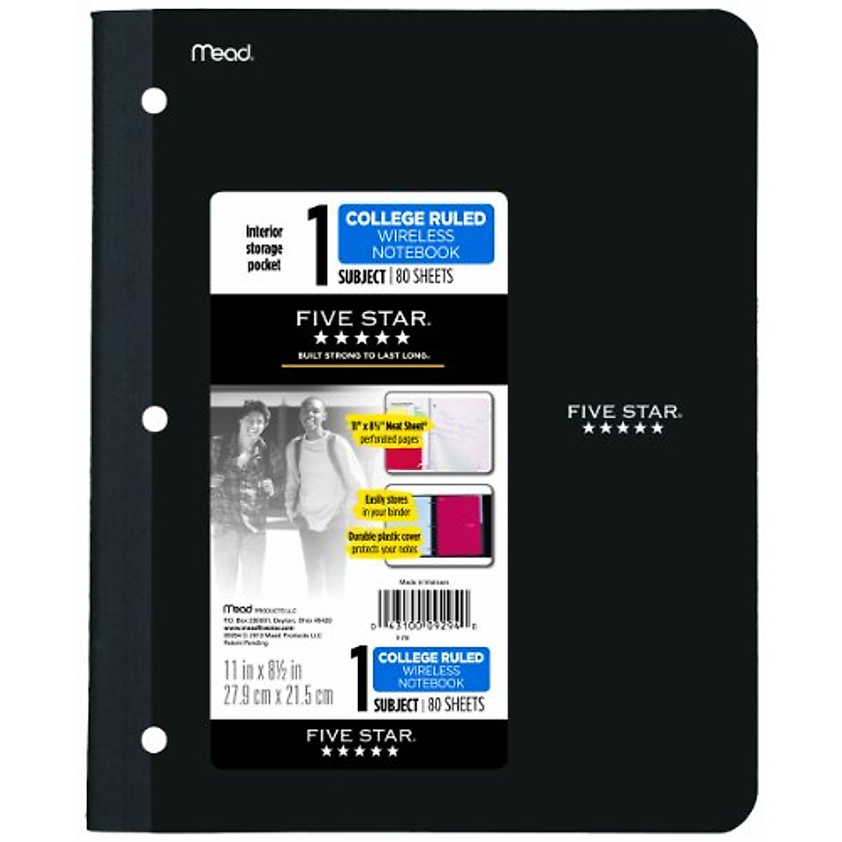 Five Star Bound Notebook with Pocket, 1 Subject, College Ruled Paper, 80 Sheets, 11" x 8-1/2", Color Selected For You, 1 Count (09294)