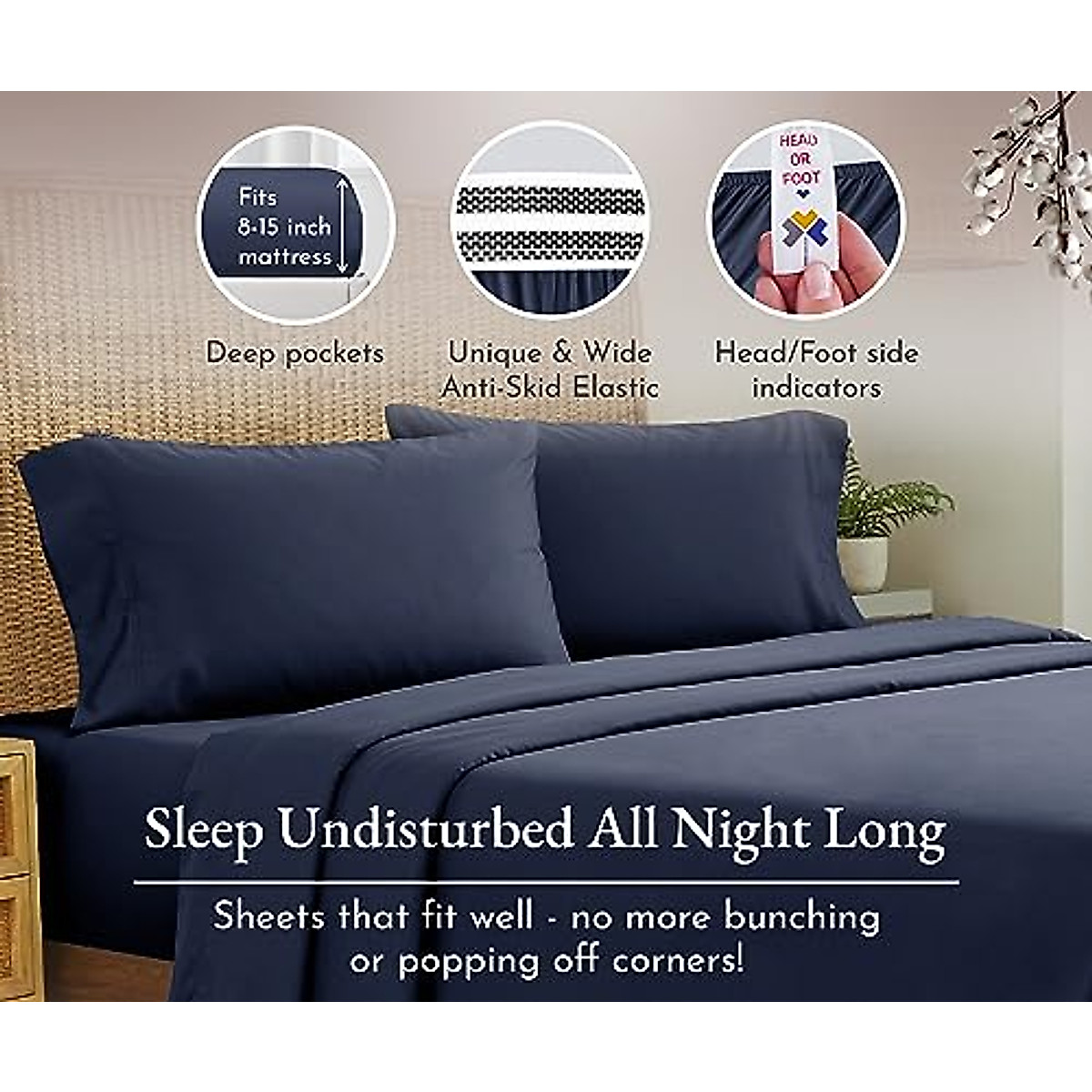 California Design Den Luxury Cotton Sheets for Queen Size Bed, GOTS Certified - Percale Sheets Queen - Soft Cooling Sheets - Deep Pockets - 4 Pc Organic Cotton Queen Size Sheet Set, Navy Blue Sheets