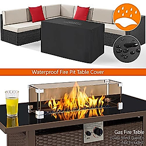 Yaheetech 43 Inch 50,000 BTU PE Rattan Propane Fire Pit with Tempered Glass Tabletop and Rain Cover, Gas Fire Pit with Lid and Fire Glass for Outdoor Heating/Patio/Terrace, Auto-Ignition, Brown