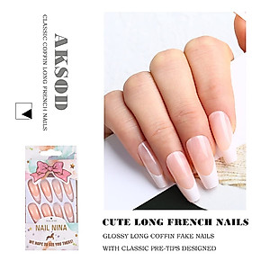 Aksod Long Coffin French Manicure Press on Nails Tips Glossy Pink Fake Nails Designed Ballerina Full Cover Artificial False Nails Tips for Women and Gilrs (24Pcs)