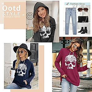 Calvin&Sally Women's Casual Lightweight Hoodies Long Sleeve Skull Graphic Tee Shirts Drawstring Pullover Hoodie Sweatshirts Tops with Pocket (Grey,XL)