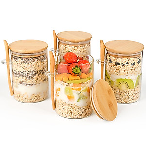 Overnight Oats Containers with Lids,4 Pack 18oz Overnight Oats Jars with Spoons,Salad Meal Prep Jar with Bamboo Lids for Chia Seed Pudding Salad Cereal Coffee Flour,Sourdough Starter Jar for Bread