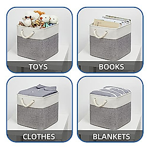 Temary Fabric Baskets 13 Inch Cube Storage Baskets with Rope Handle, Storage Cube Bins Clothes Basket for Gift, Large Storage Baskets for Storage Toys, Books, Blankets (White&Gray)