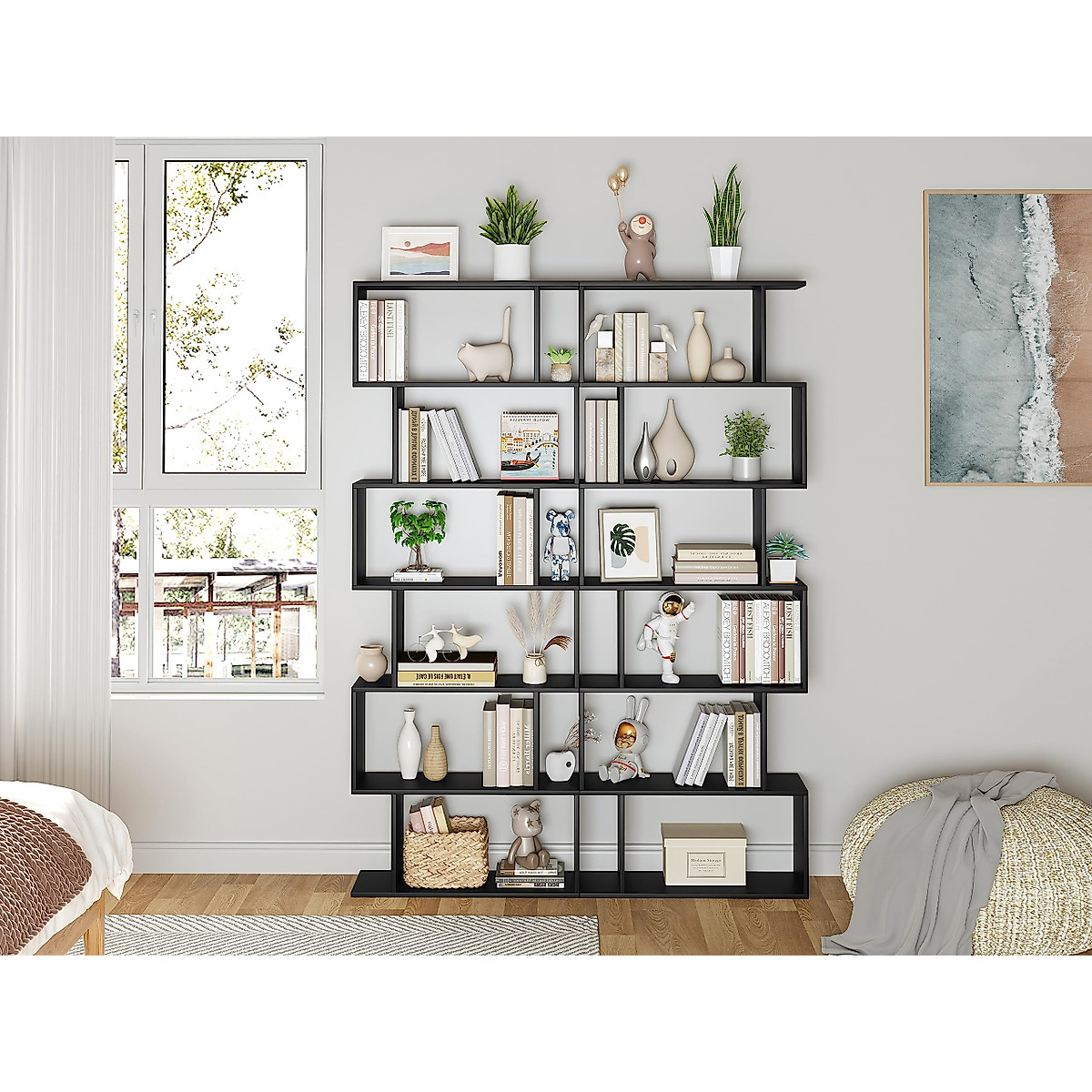 Yusong Bookshelf 6-Tier, Geometric Bookcase S Shaped Book Shelves for Bedroom, Modern Wood Decorative Display Shelf Tall Book Case for Home Office, Black