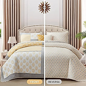 Y-PLWOMEN King Size Quilt, 100% Cotton Lightweight Soft King Quilt, Patchwork Reversible Bedspread Sets, Yellow Grey White Floral Quilt Bedding Set for All Season, 3-Pieces