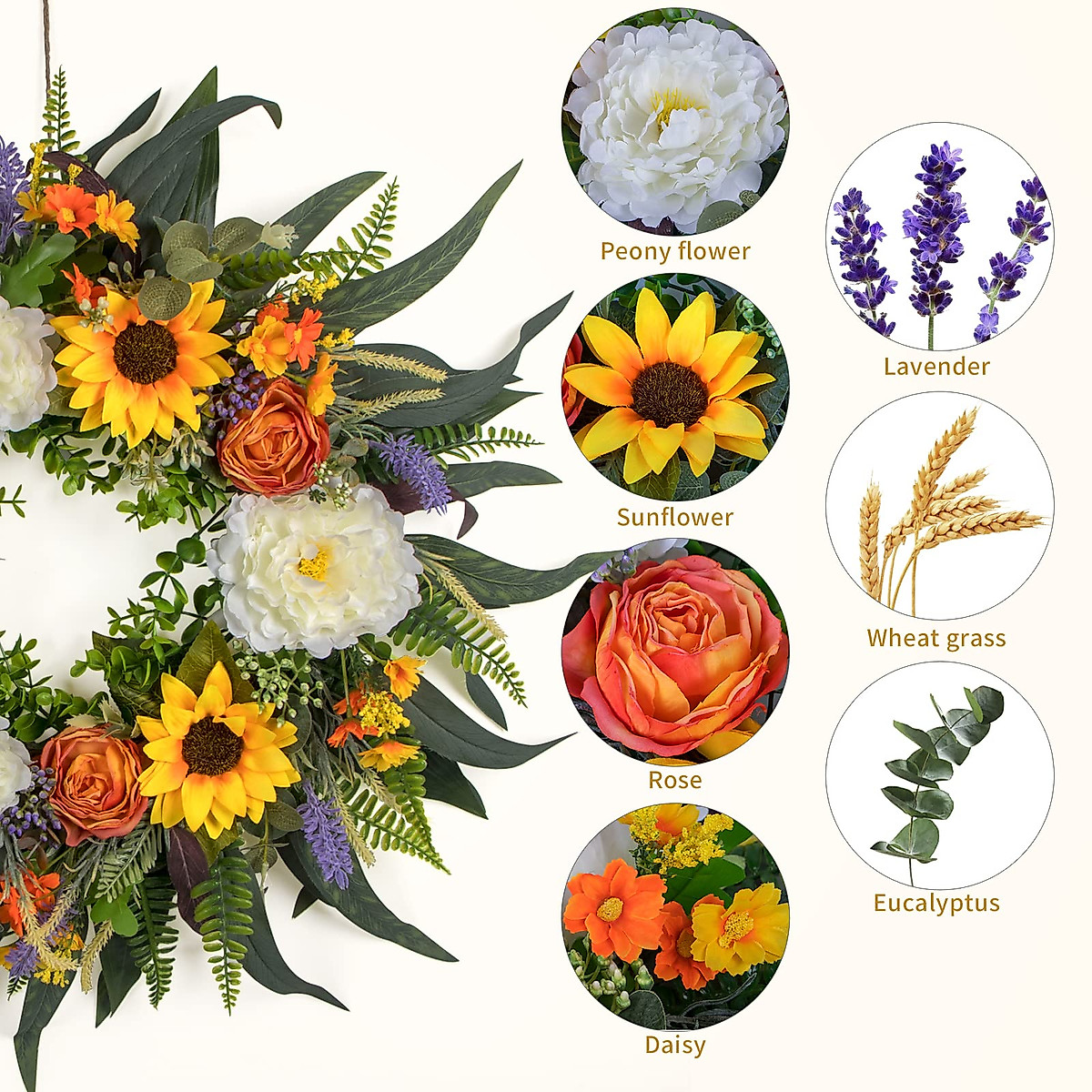 Kmise Spring Wreath Fall Decor Wreath for Front Door-24 Inch Summer Peony Eucalyptus Wreaths for Front Porch Farmhouse Home Decor