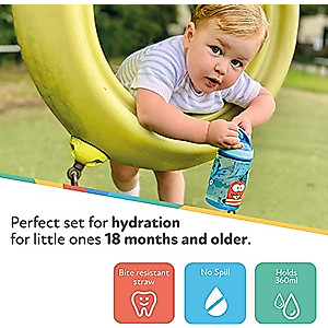Nuby Flip-it Kids On-The-Go Printed Water Bottle with Bite Proof Hard Straw - 12oz / 360 ml, 18+ Months, 2 pk Prints May Vary