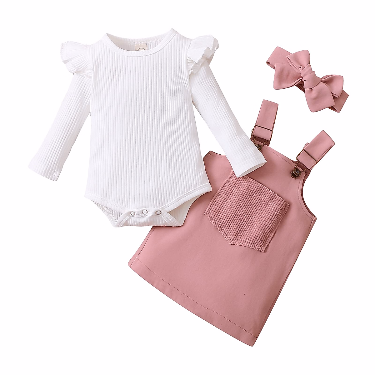 Kupretty Newborn Baby Girl Fall Clothes Ruffle Long Sleeve Ribbed Romper Corduroy Suspender Skirts Infant Overalls Dress Outfits (Pink, 0-3 Months)